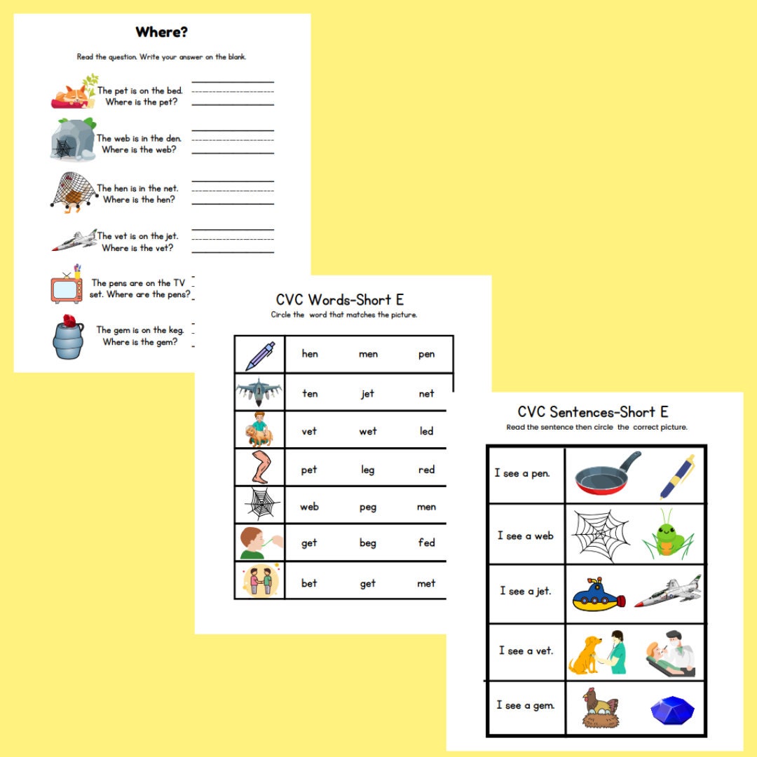 CVC Words: Short E Worksheets | Printable - Etsy