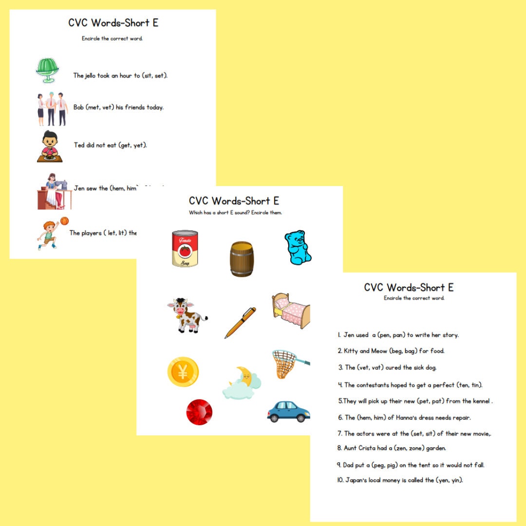 CVC Words: Short E Worksheets | Printable - Etsy