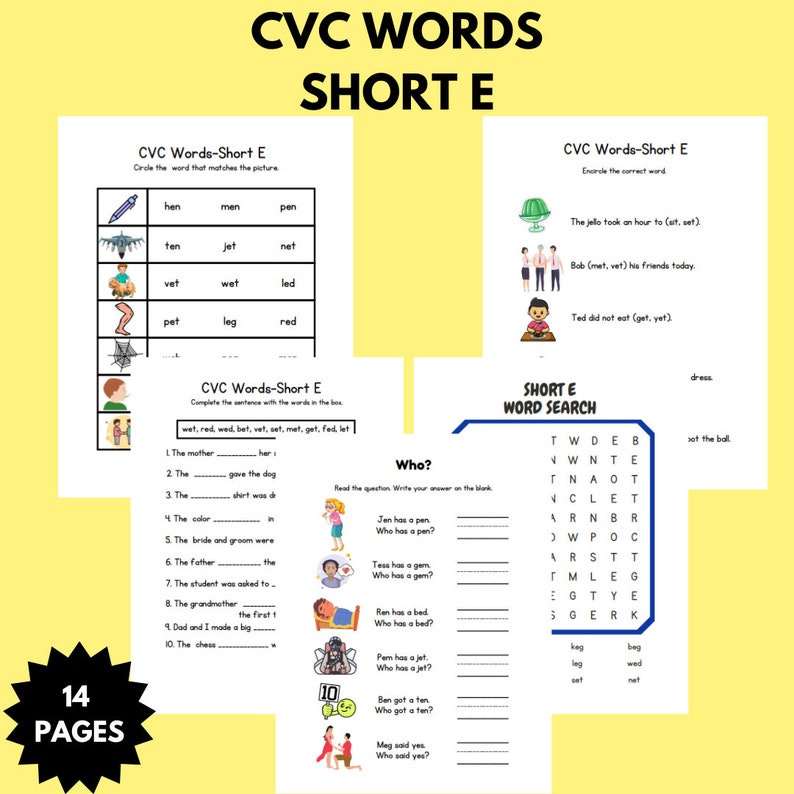 CVC Words: Short E Worksheets | Printable - Etsy