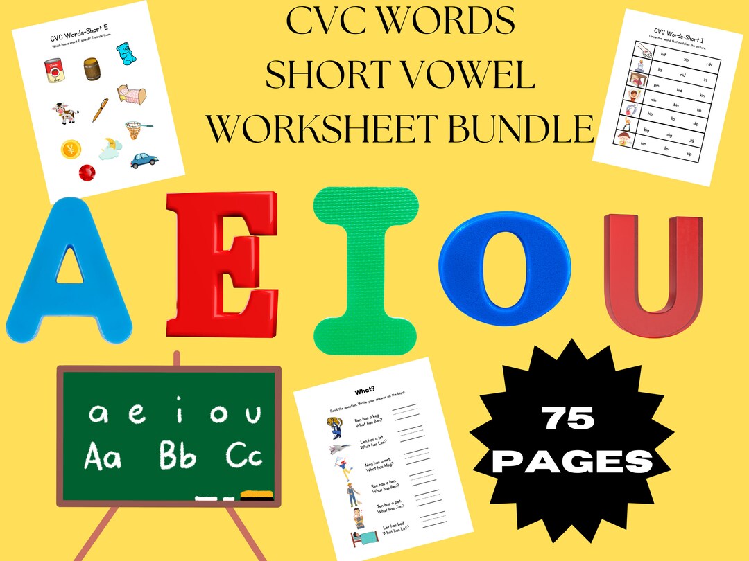 First Grade CVC Words, Short Vowel Worksheet Bundle, AEIOU | 75 Pages ...