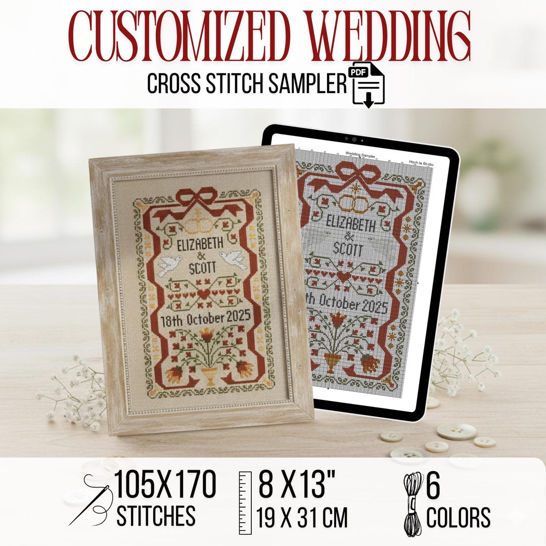 Modern Wedding Cross Stitch Sampler Pattern PDF, Personalized Folk Art ...