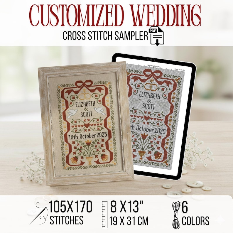 Modern Wedding Cross Stitch Sampler Pattern PDF, Personalized Folk Art ...
