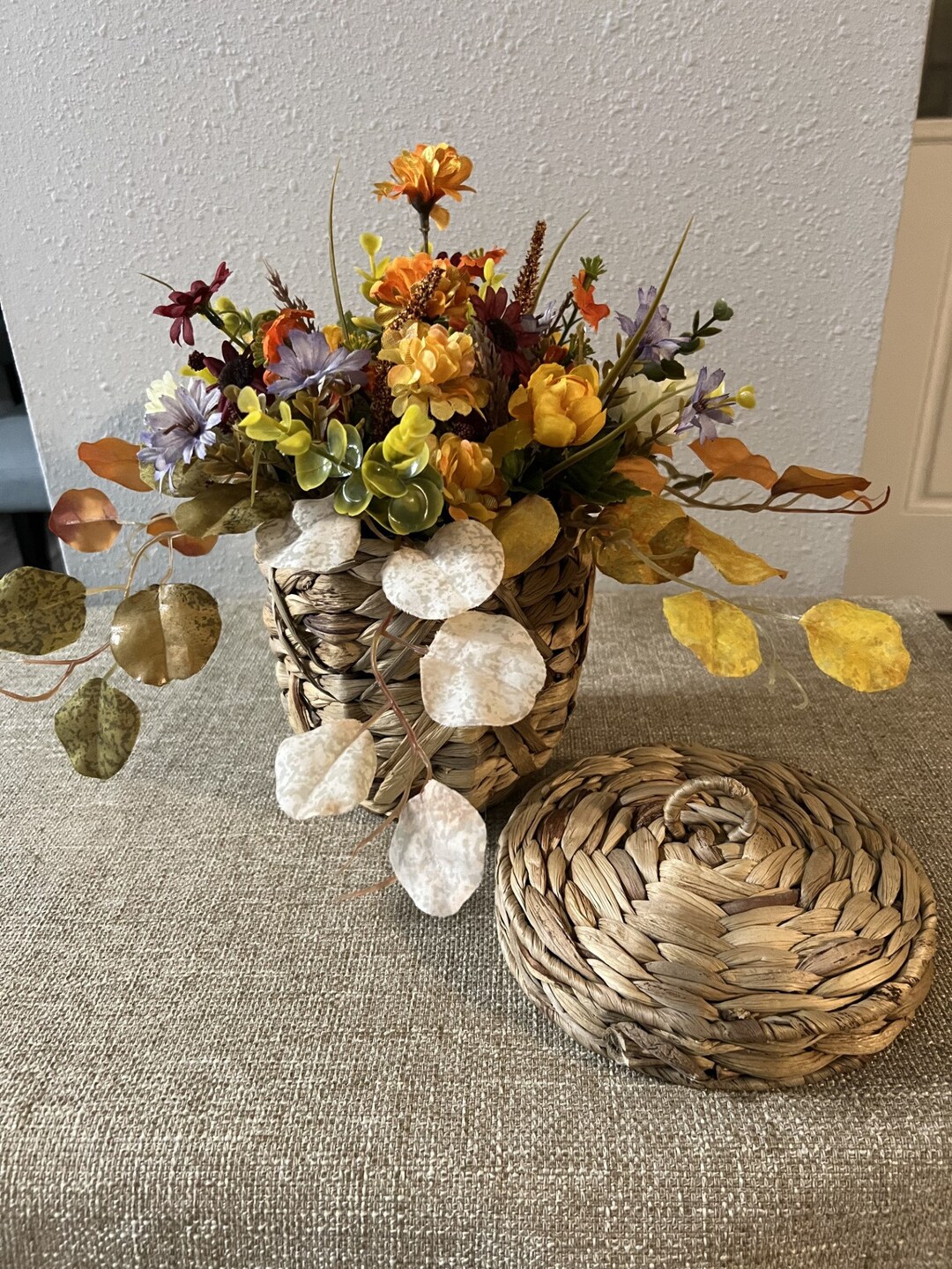 Wicker Two Piece Acorn Basket Arrangement. Small Fall Sunflowers ...