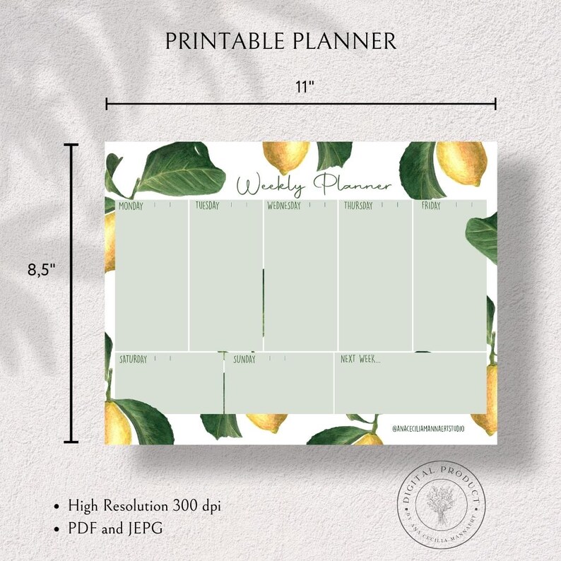 Weekly Planner Printable - Lemon Watercolor - Week Planner - Meal ...
