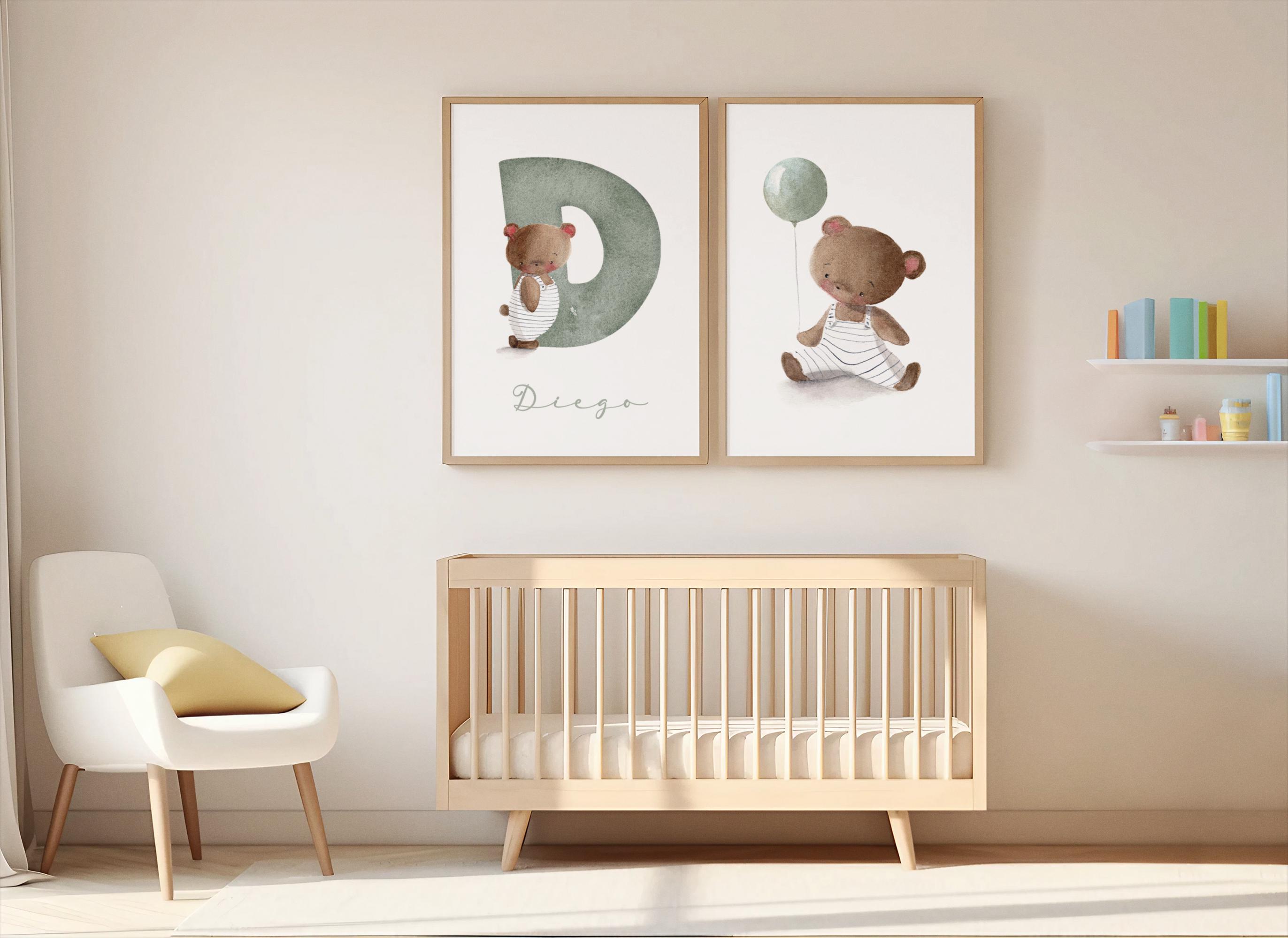 Teddy Bear Watercolor Olive Green Poster, Kids Baby Room Wall Decor ...