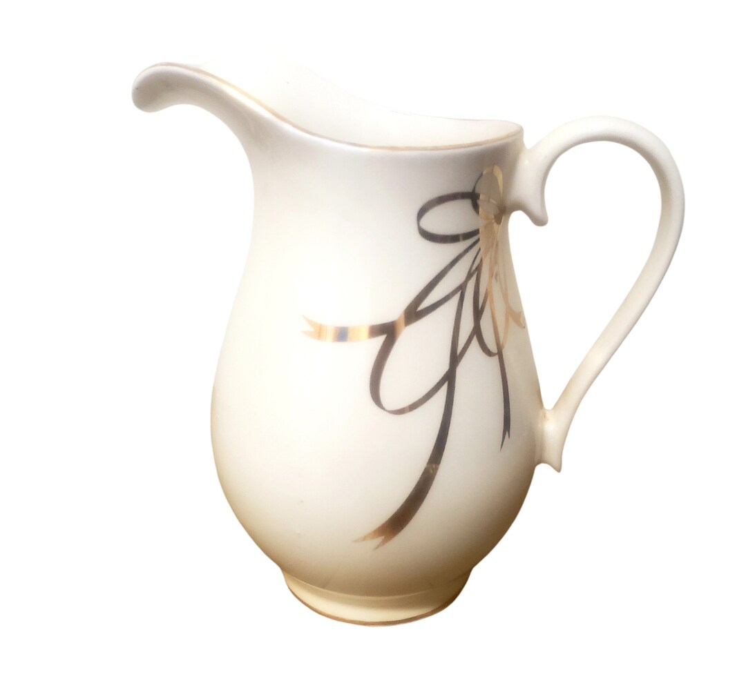 Vintage Teleflora Ceramic Pitcher Vase, Gold Ribbon Accent, Made in ...