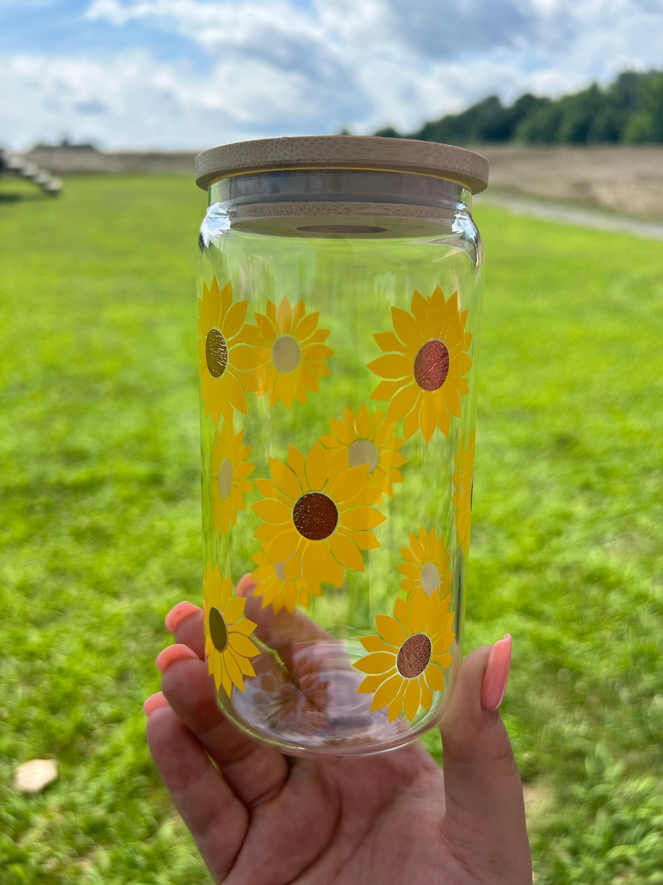 16oz Sunflower Glass Tumbler With Lid & Straw - Etsy