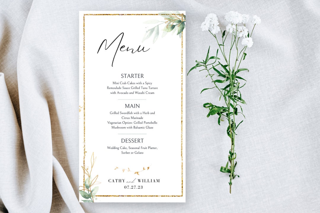 Green Leaves Gold Frame Wedding Food Menu Template, Printable Custom ...