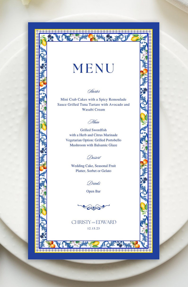 Regal Blue Catering Menu Template, Editable Food Sign, Custom Wedding ...