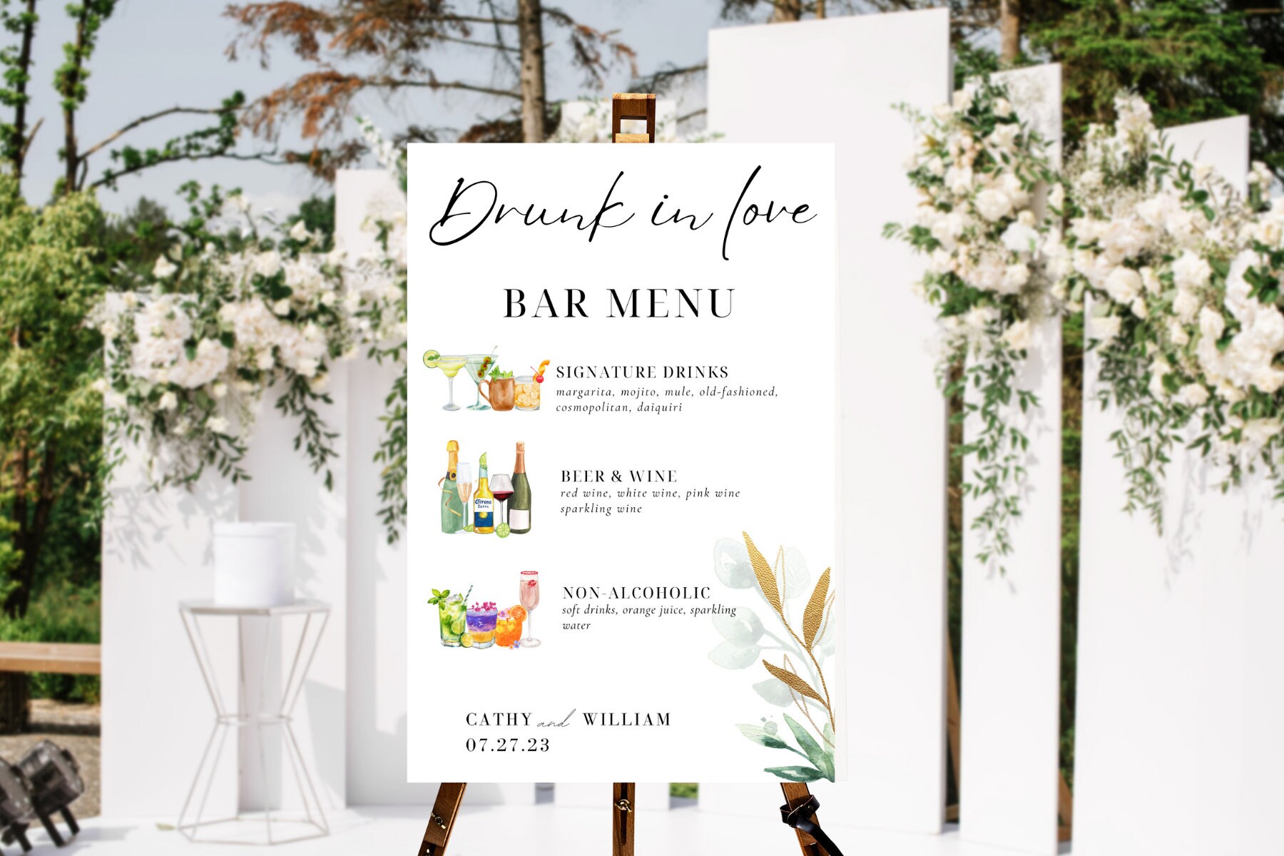 Green Leaves Gold Frame Wedding Reception Bar Menu, Wedding Drink Menu ...