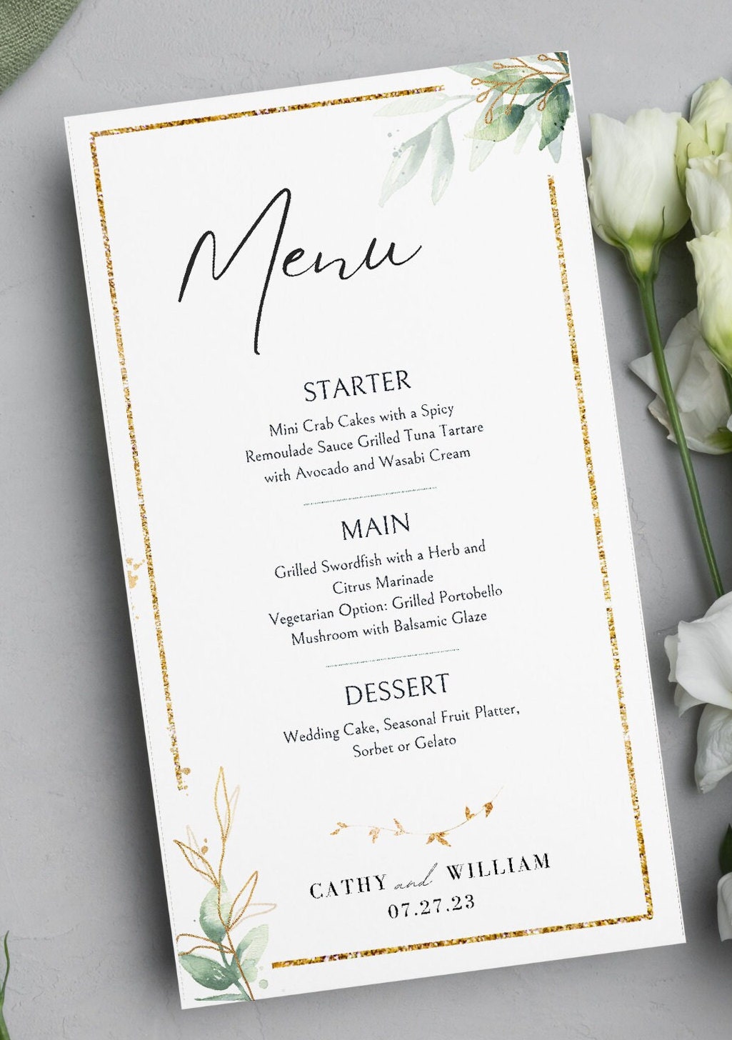 Green Leaves Gold Frame Wedding Food Menu Template, Printable Custom ...