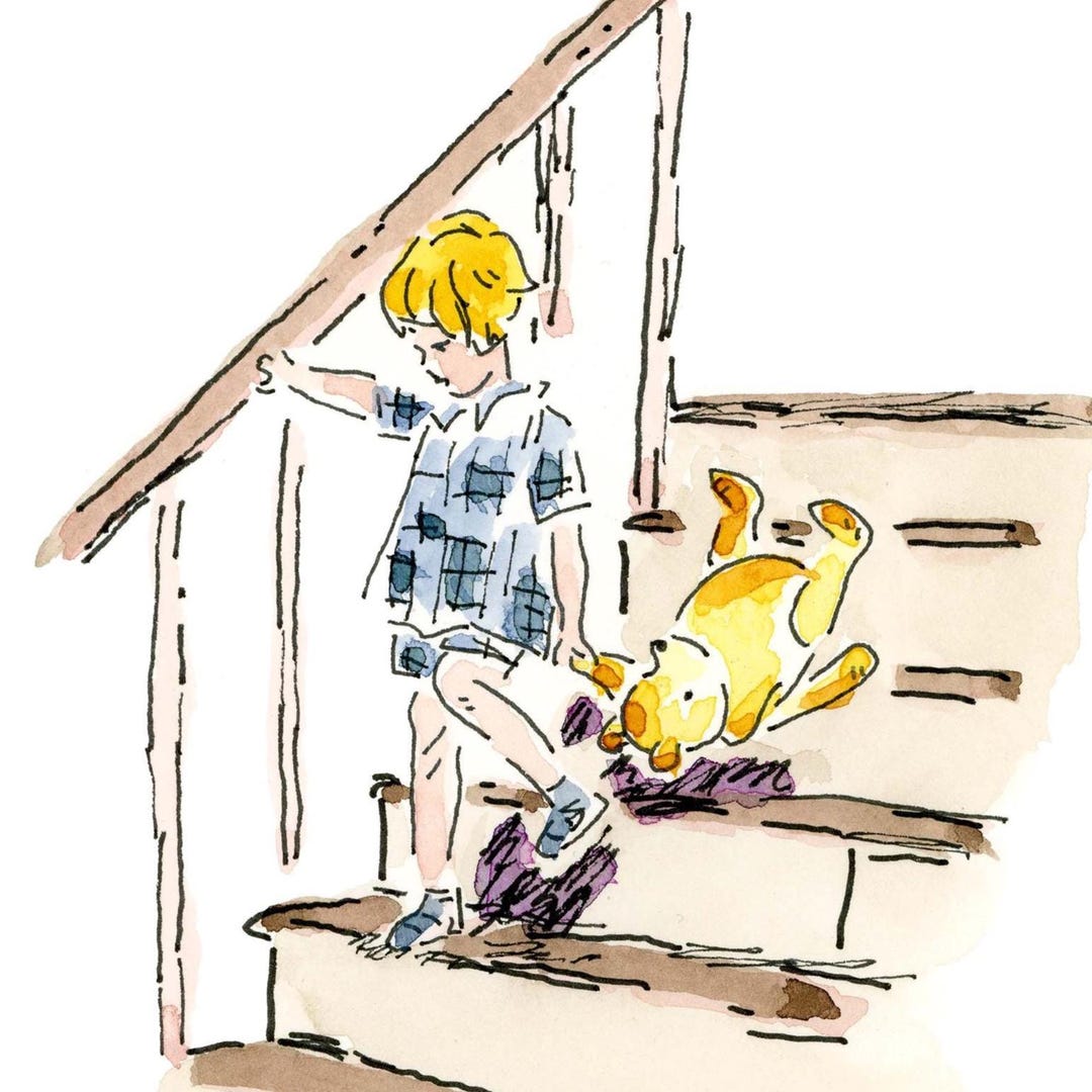 Christopher Robin and Winnie the Pooh Downstairs Watercolor Illustration | Bump Bump Bump Coming ...