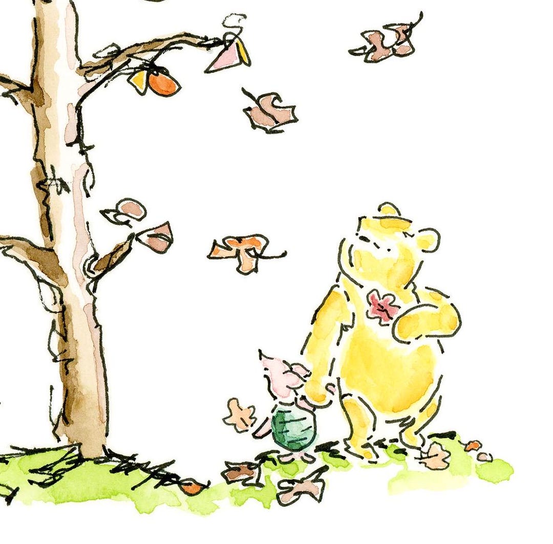Winnie the Pooh and Piglet Fall Tree Watercolor Vintage Winnie the Pooh ...