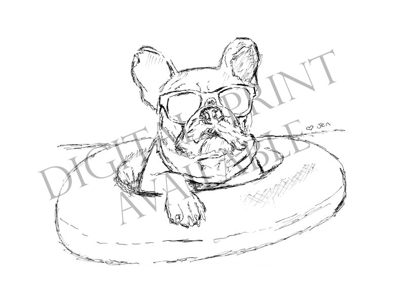 French Bulldog Frenchie Swimming Doodle Dog Sketch PRINTABLE Wall Art ...