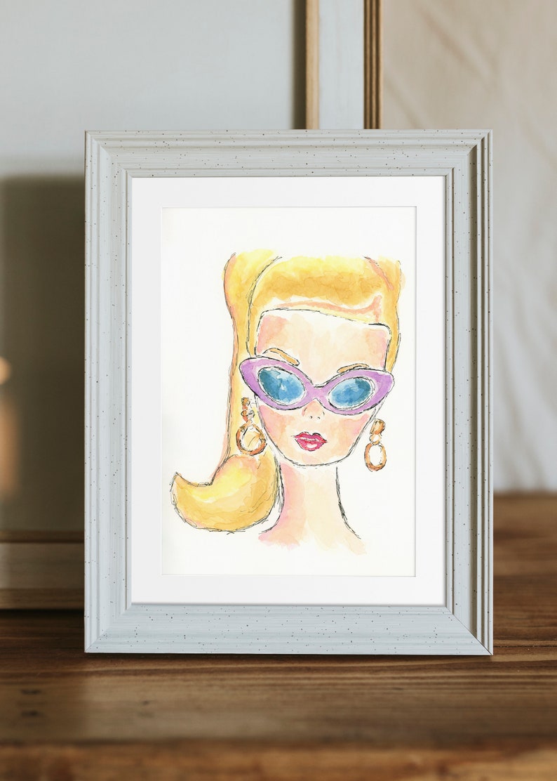 Retro Barbie Portrait Watercolor Blonde Ponytail Sunglasses Vintage ...