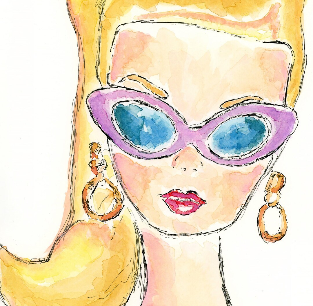 Retro Barbie Portrait Watercolor Blonde Ponytail Sunglasses Vintage ...