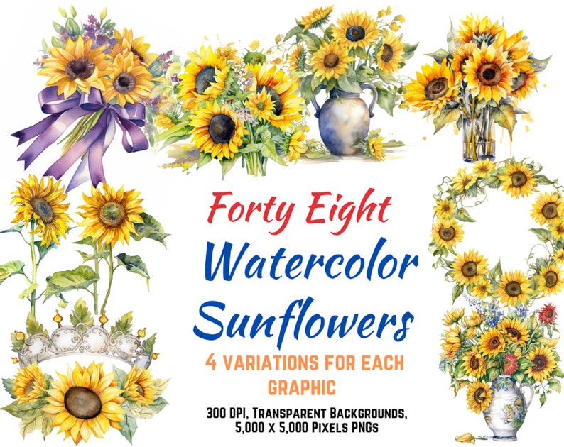 Watercolor Sunflowers Clipart - Fall Sunflowers, Floral Bouquets, PNG ...