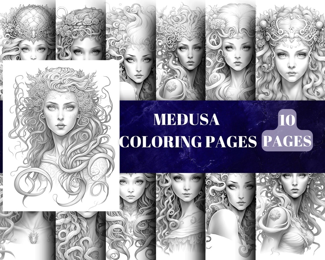 Medusa Coloring Printable Pages 10 Designs Light and Dark Versions ...