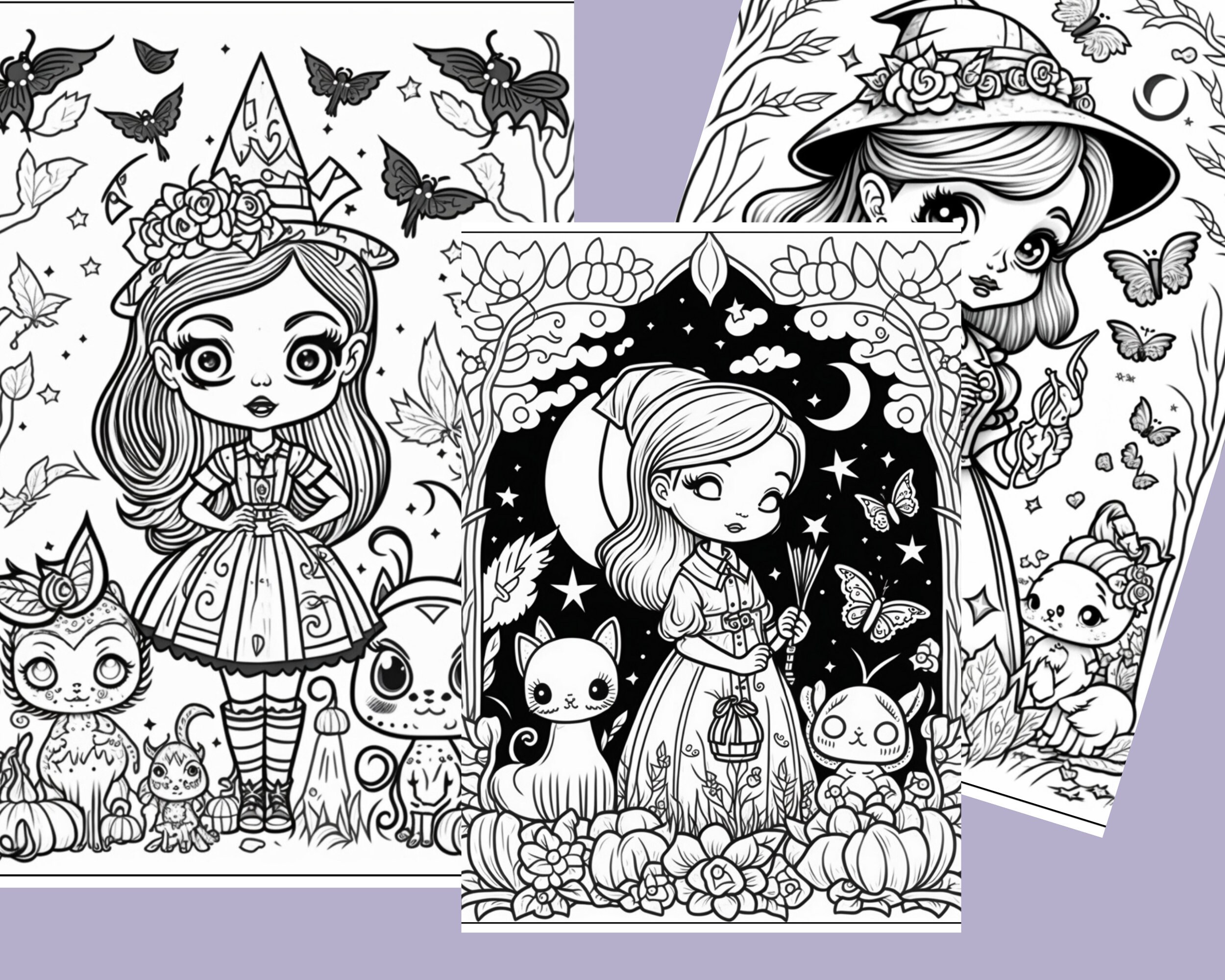 Little Witches A4 Coloring Pages , Printable Grimoire & Junk Journal ...