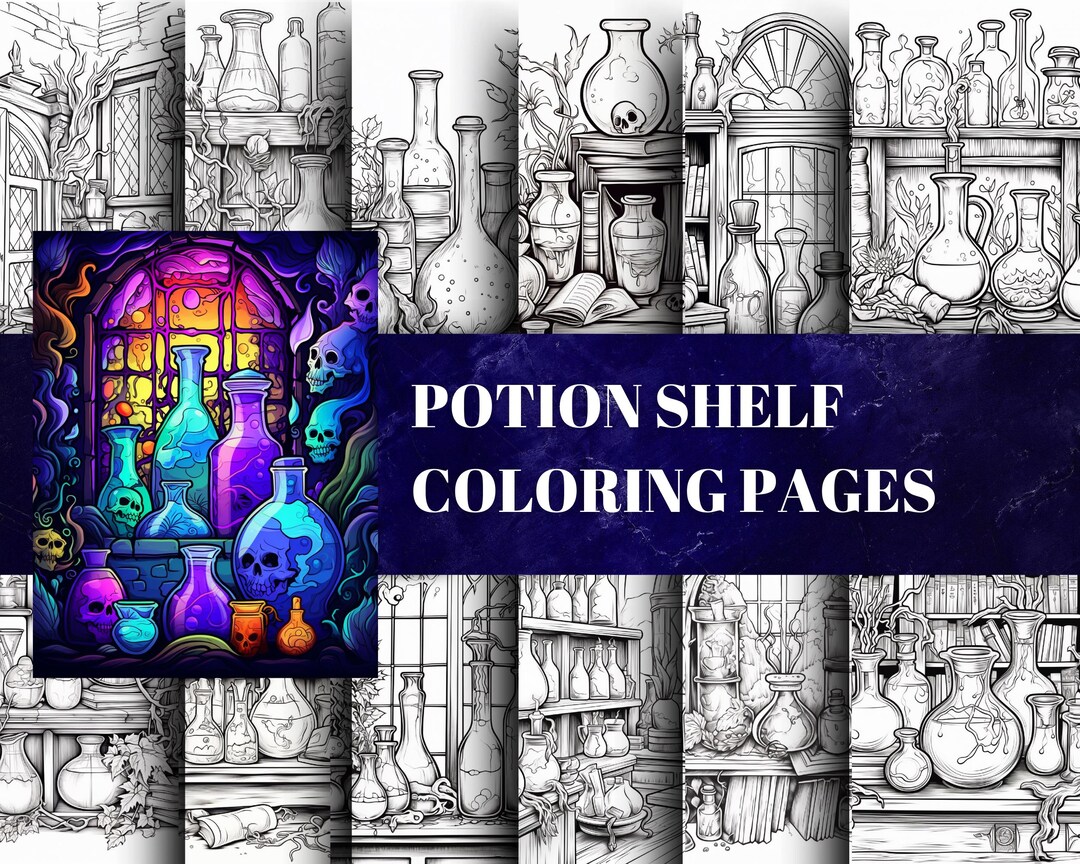 Printable Potion Shelf Coloring Pages 30 A4 Pages Magical Potion Shelf ...