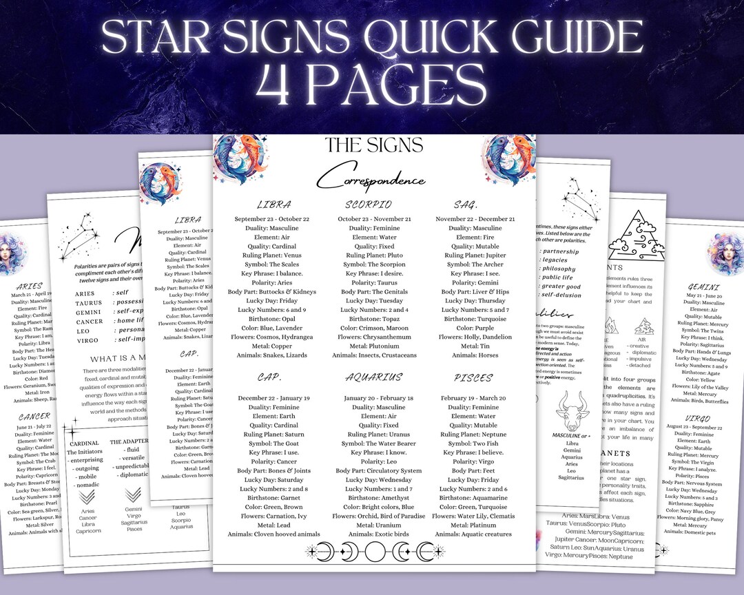Star Signs Cheat Sheet Correspondence Reference Guide - Etsy