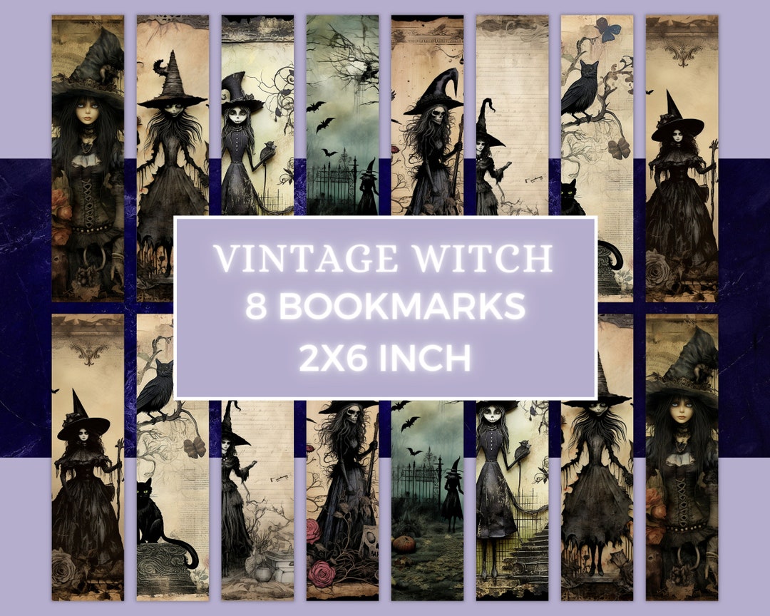 Vintage Witch Theme Printable Bookmarks Set of 8, 2x6 Inches, Square ...