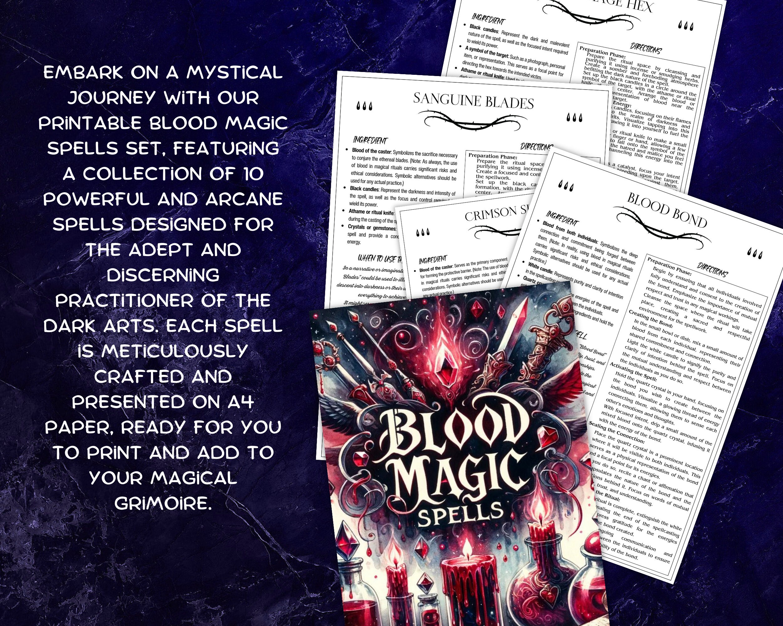 Printable Blood Magic Spells Set 10 Spells, A4 Size Grimoire and Book ...