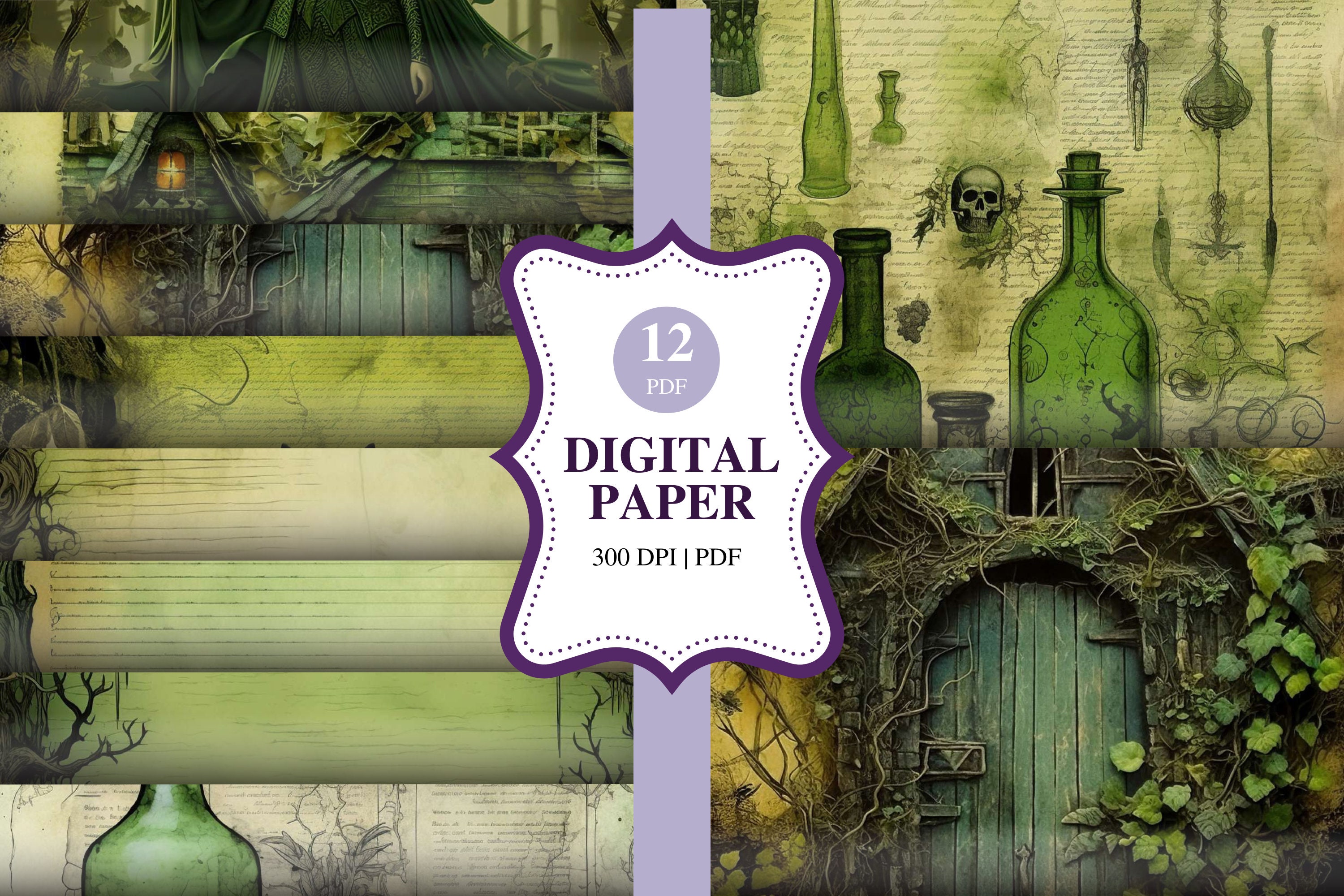 Green Witch Theme Printable Paper Pack 12 A4 Size PDF Pages Digital ...