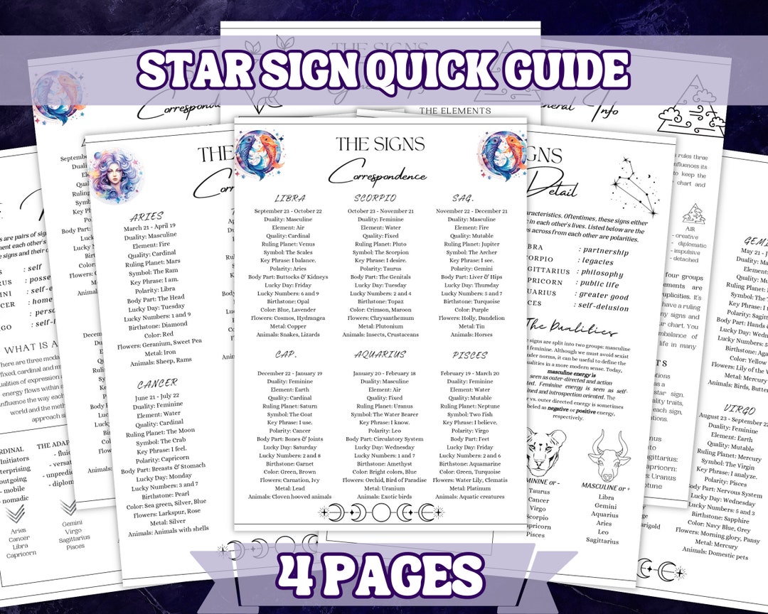 Star Signs Cheat Sheet - Correspondence Reference Guide - Printable ...