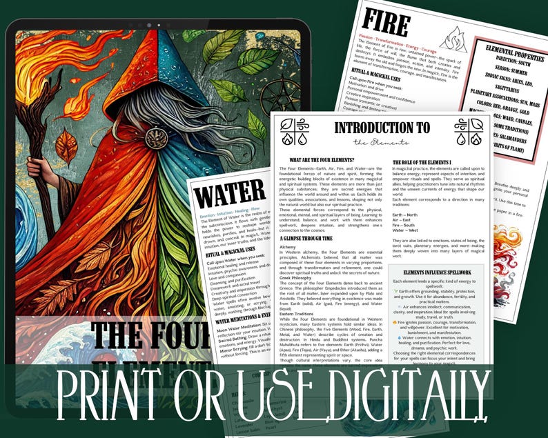 Four Elements Grimoire Pages | Witchcraft Reference Sheets (PDF) - Etsy