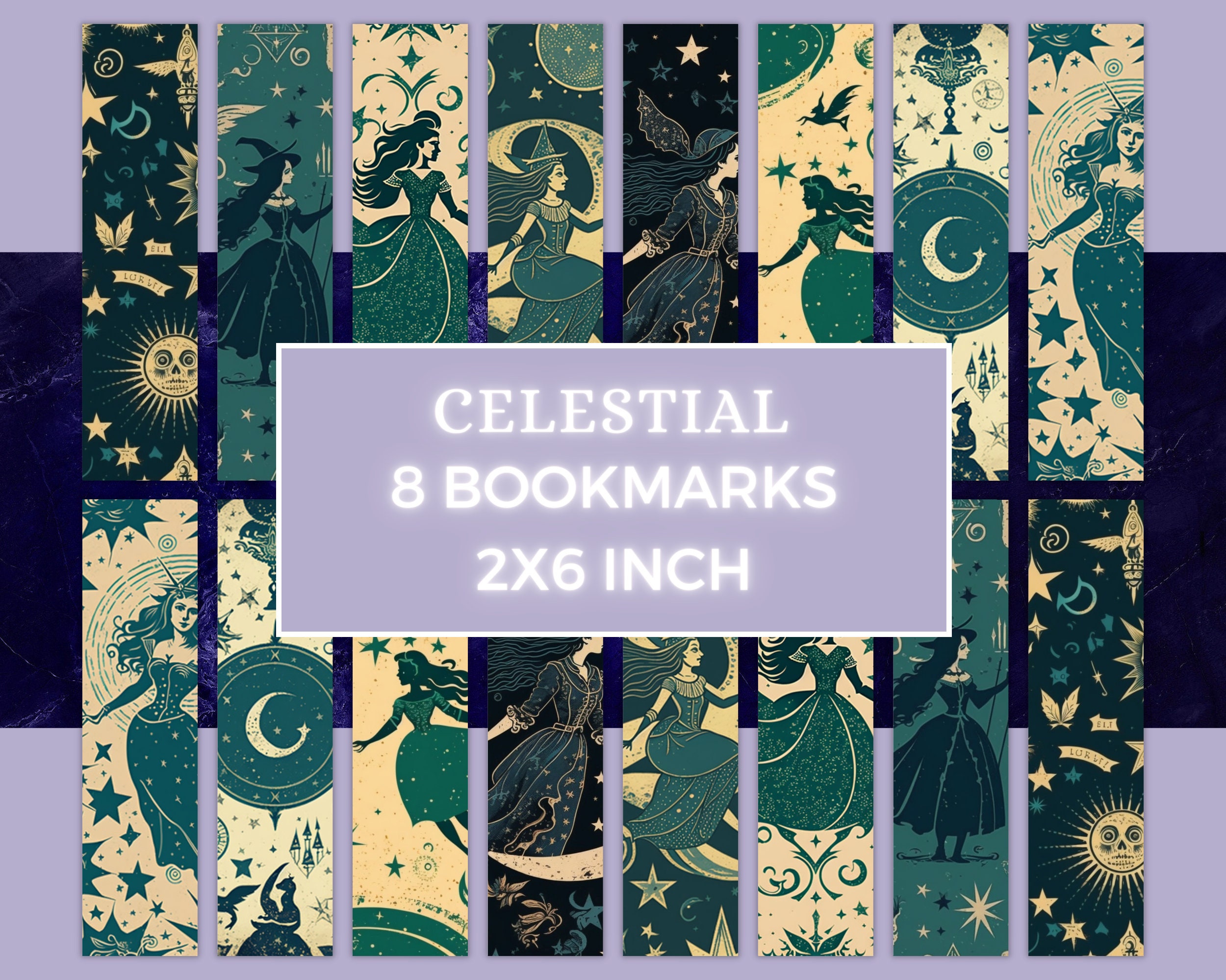 Printable Green Celestial Bookmarks Set of 8 2x6 Inches - Etsy