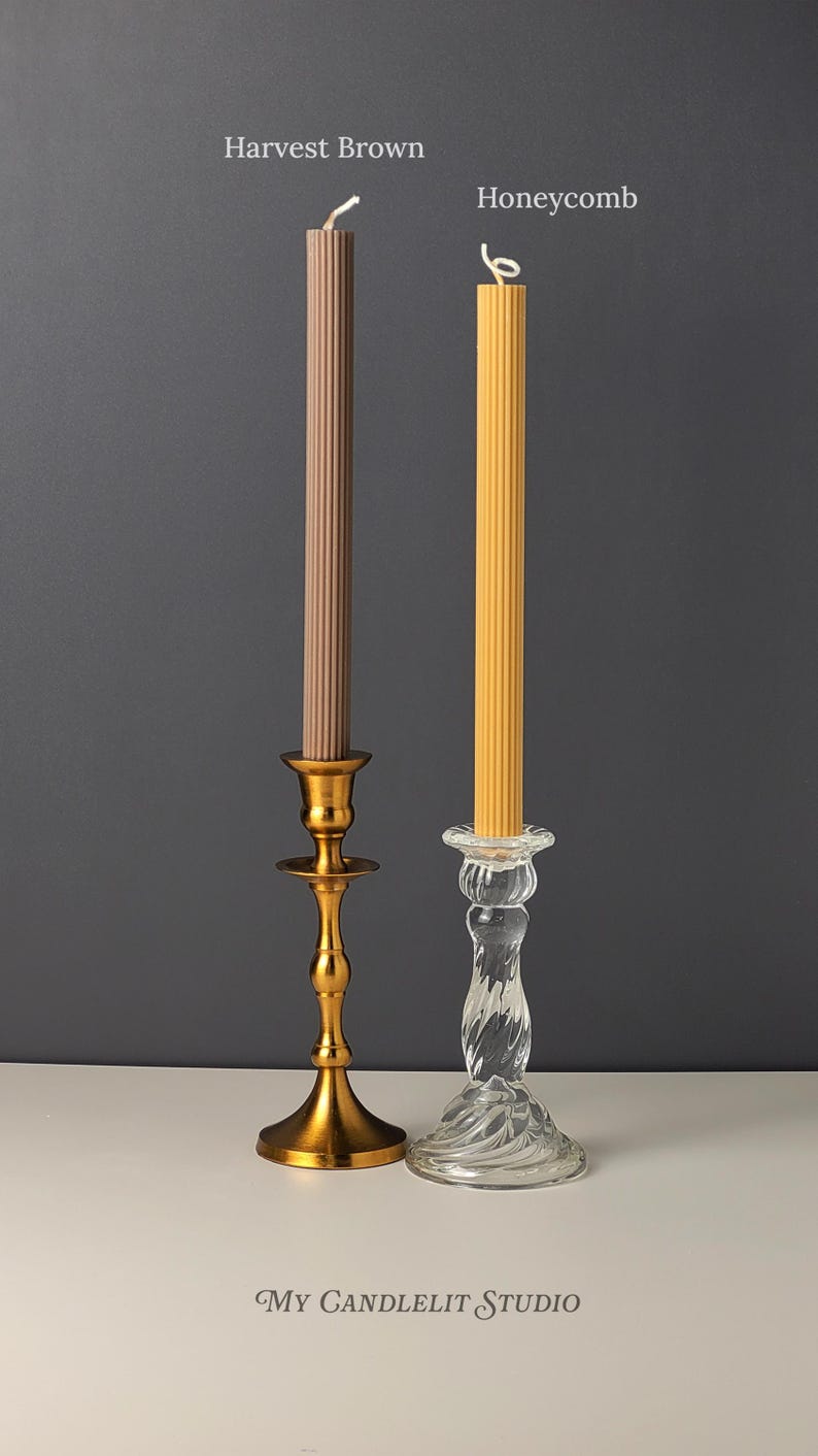 Hand-poured Thin Ribbed Taper Candles – Natural Soy Beeswax Blend – Set ...
