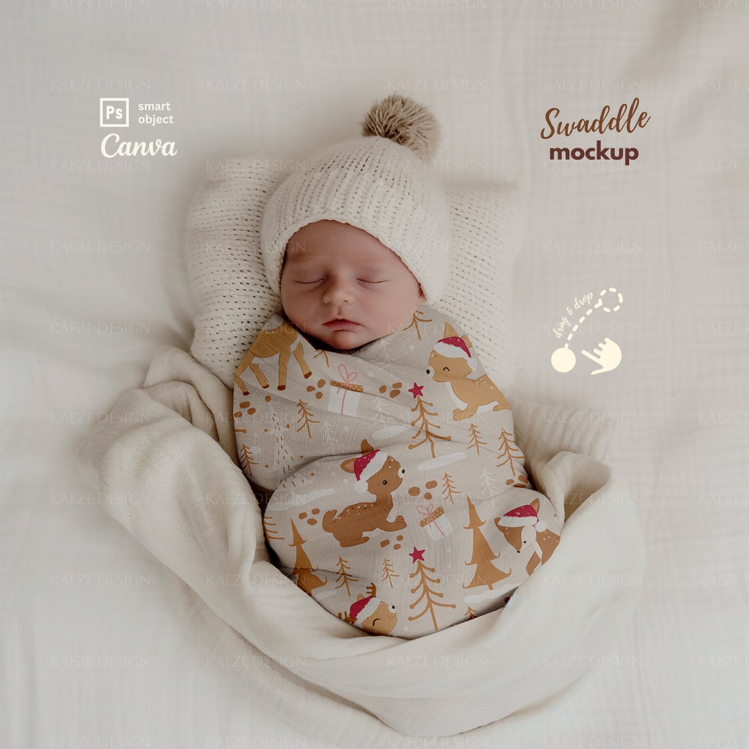 Newborn Baby Swaddle Blanket Mockup PSD Smart Object and Canva Template ...