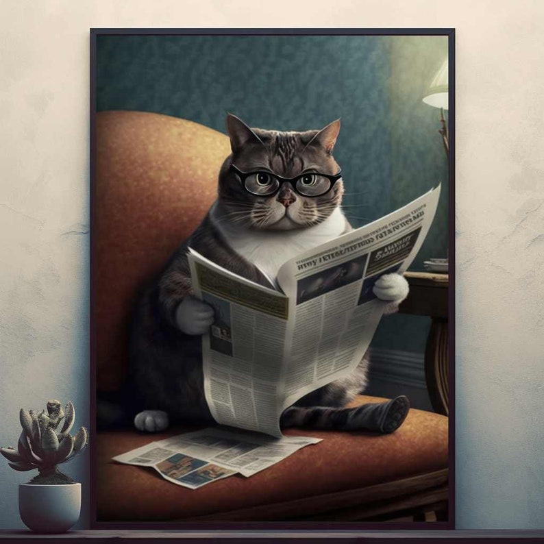 Cat Reading a Newspaper Posters Prints Wall Art Modern Home Room Bar ...