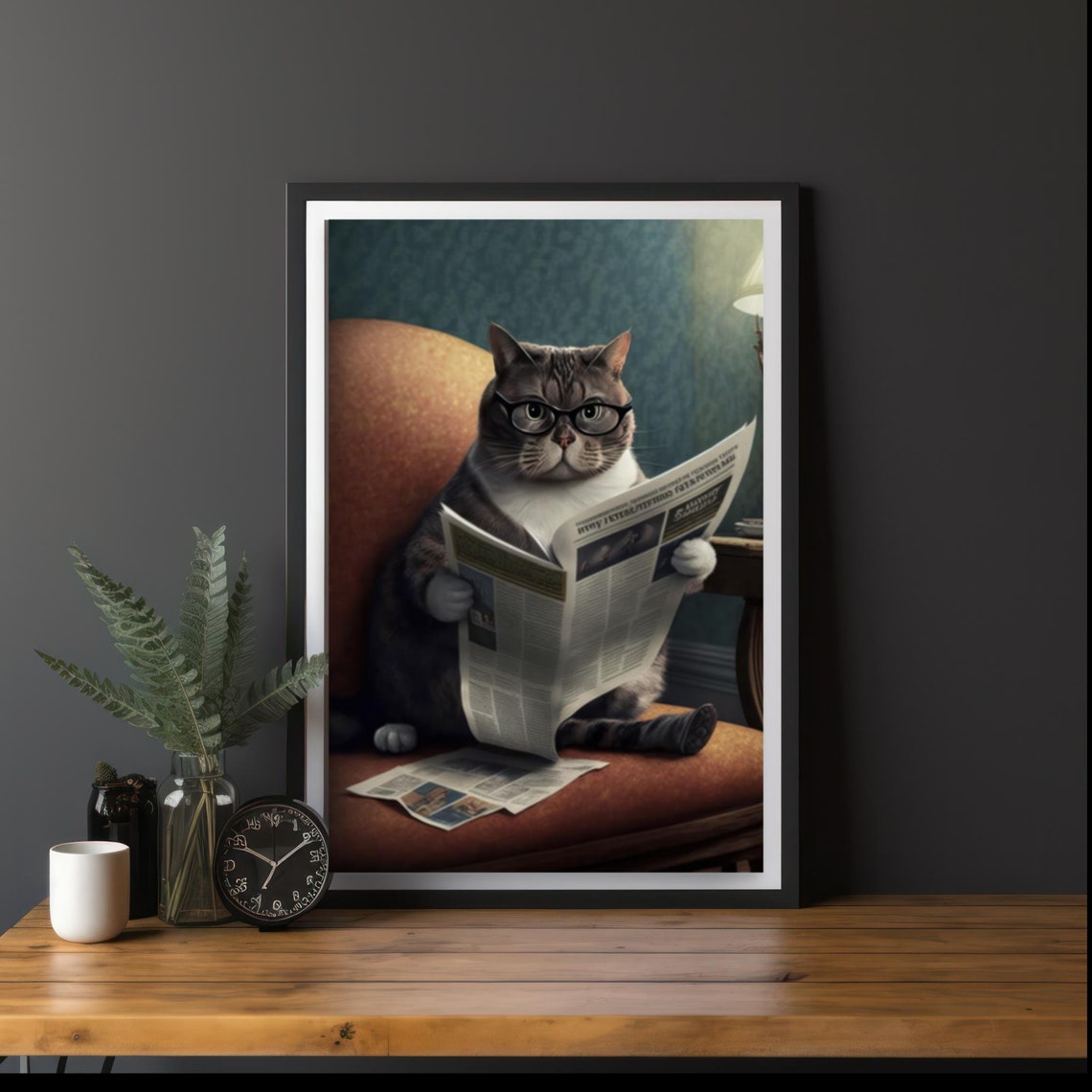 Cat Reading a Newspaper Posters Prints Wall Art Modern Home Room Bar ...