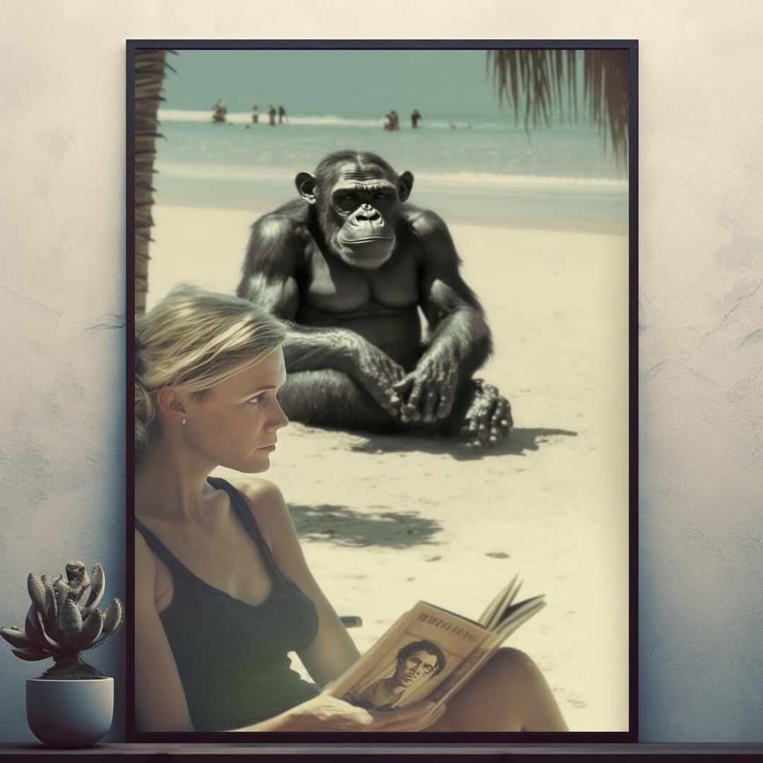 Chimp on a Beach Vintage Posters Prints Wall Art Modern Home Room Bar ...