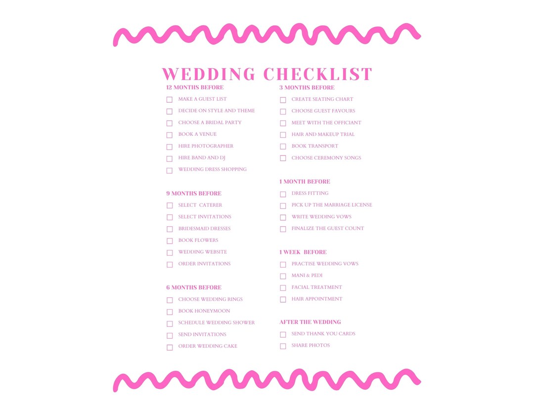 Wedding Checklist Printable Wedding Planning Checklist Single Sheet ...