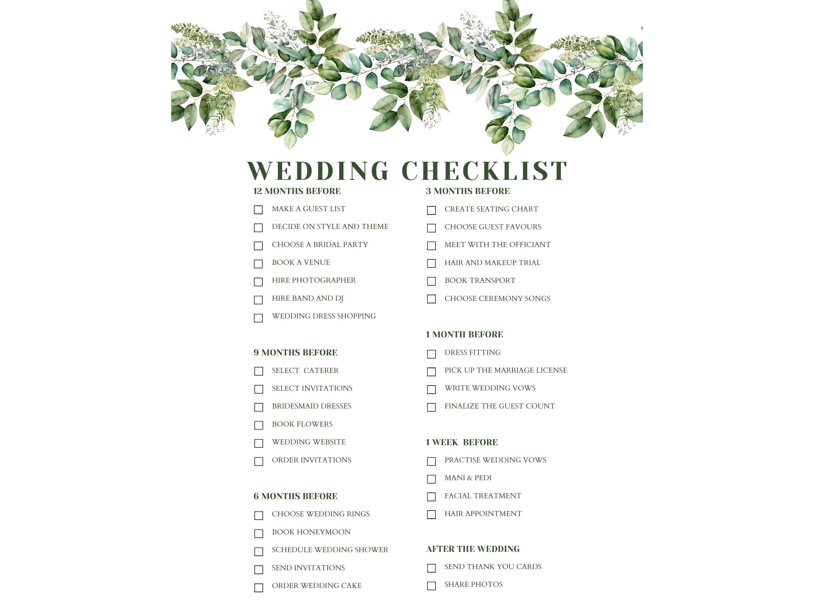 Wedding Checklist Printable Wedding Planning Checklist Single Sheet ...