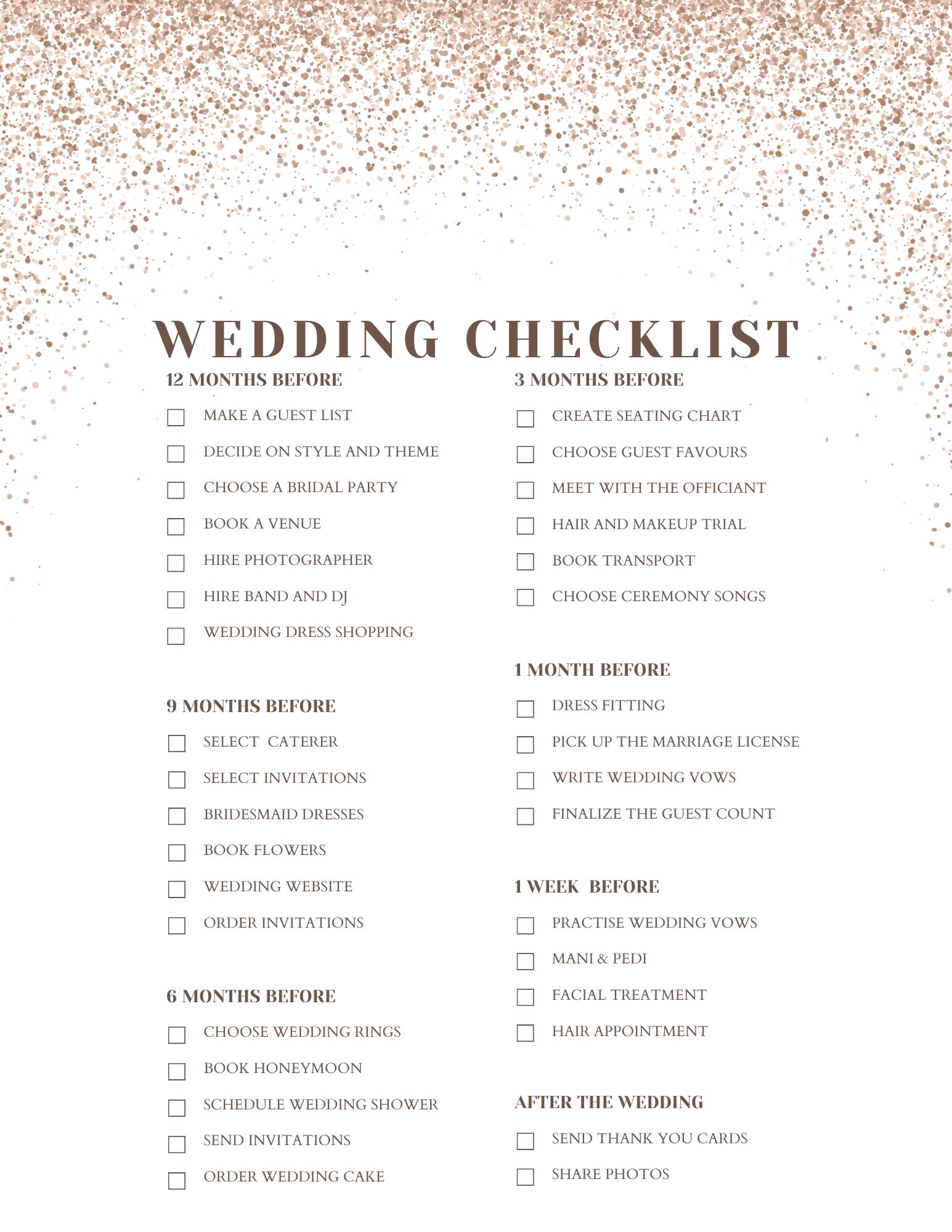Wedding Checklist Printable Wedding Planning Checklist Single Sheet ...