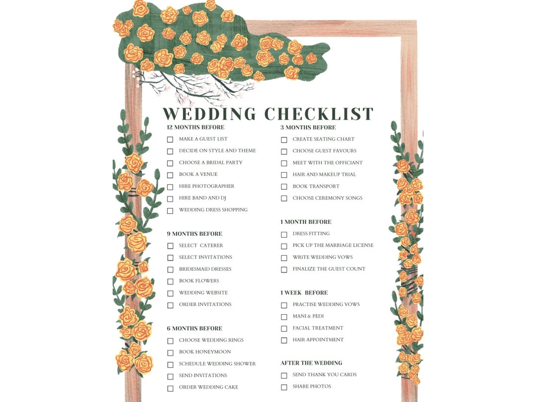 Wedding Checklist Printable Wedding Planning Checklist Single Sheet ...