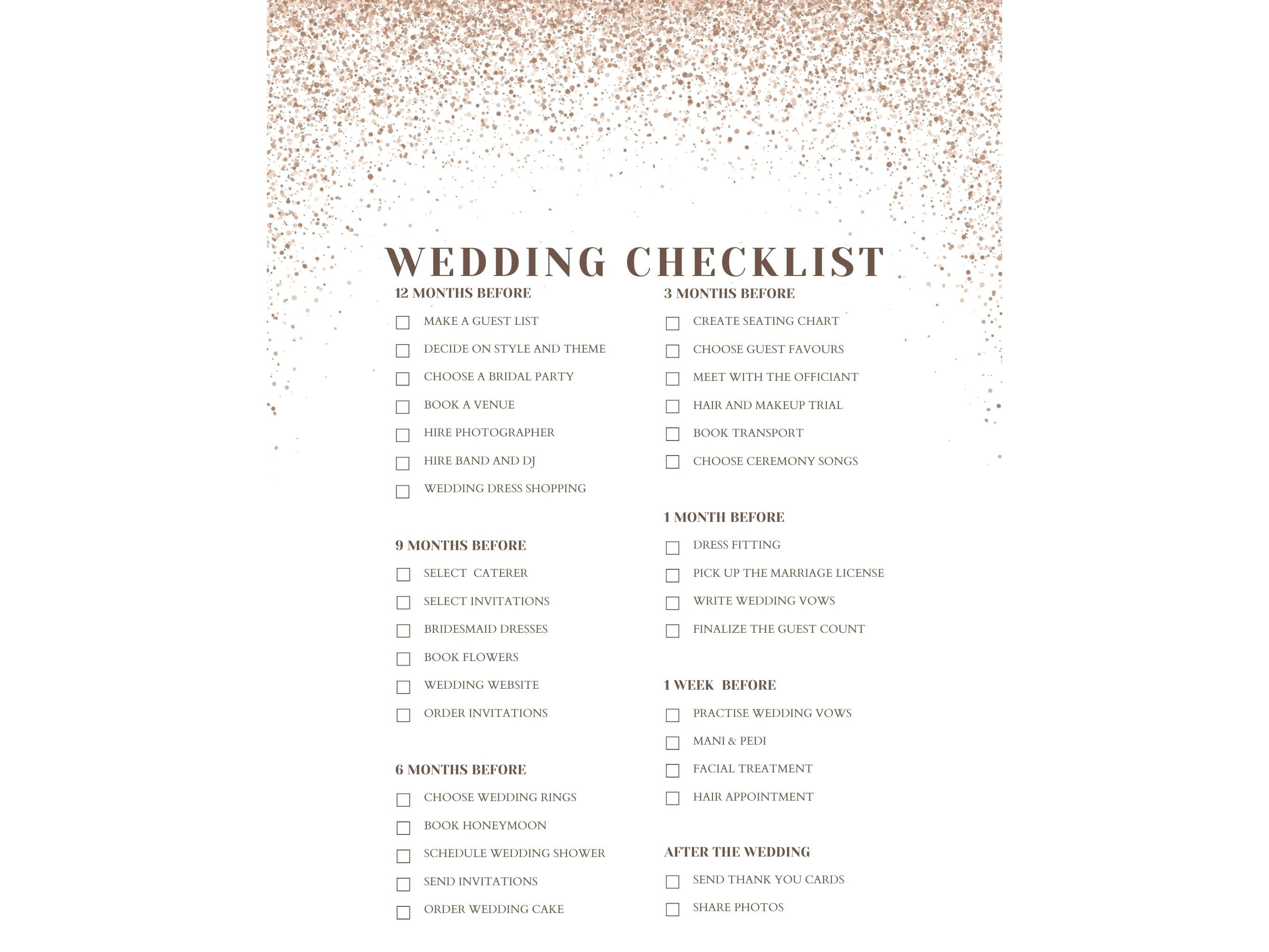 Wedding Checklist Printable Wedding Planning Checklist Single Sheet ...