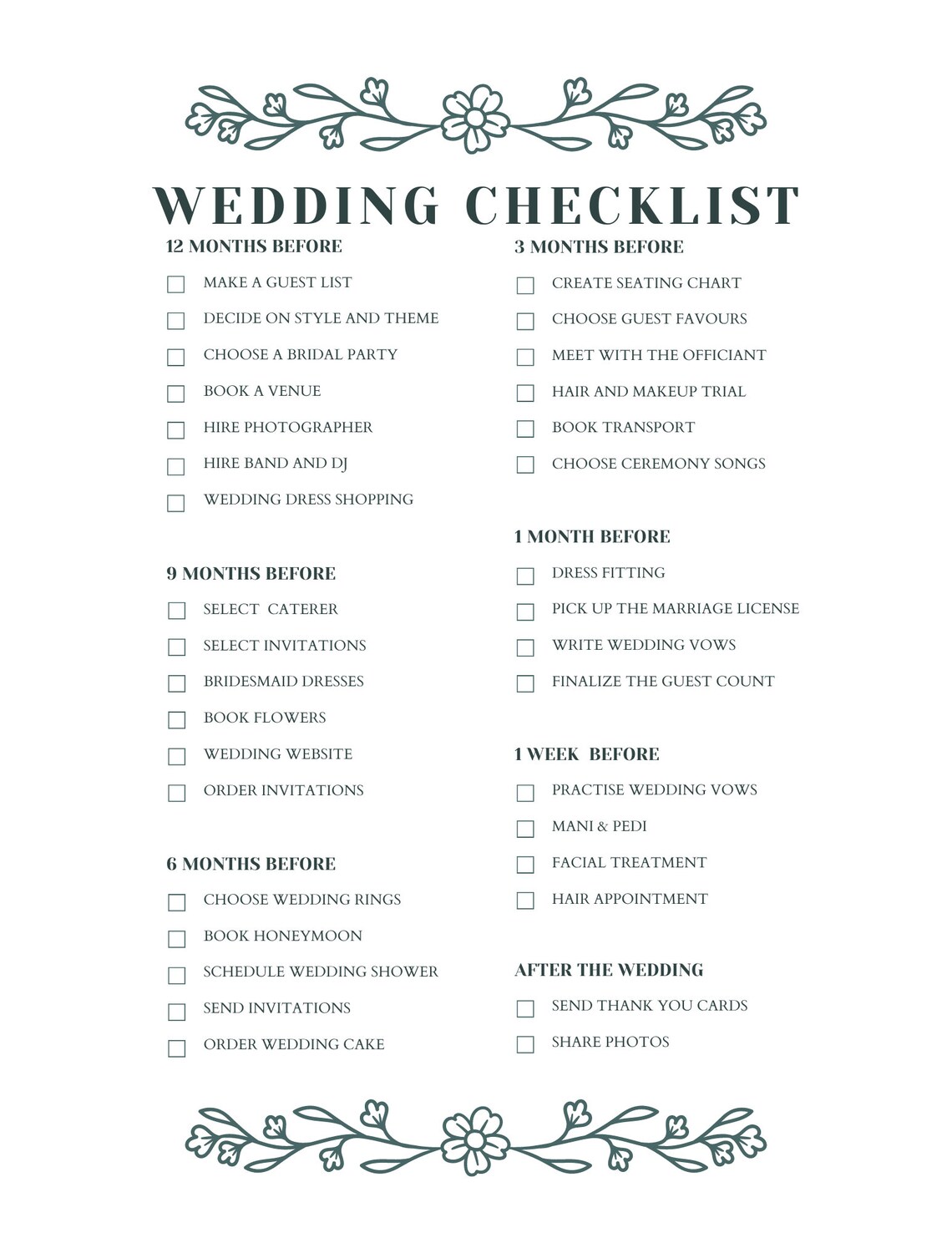 Wedding Checklist Printable Wedding Planning Checklist Single Sheet ...