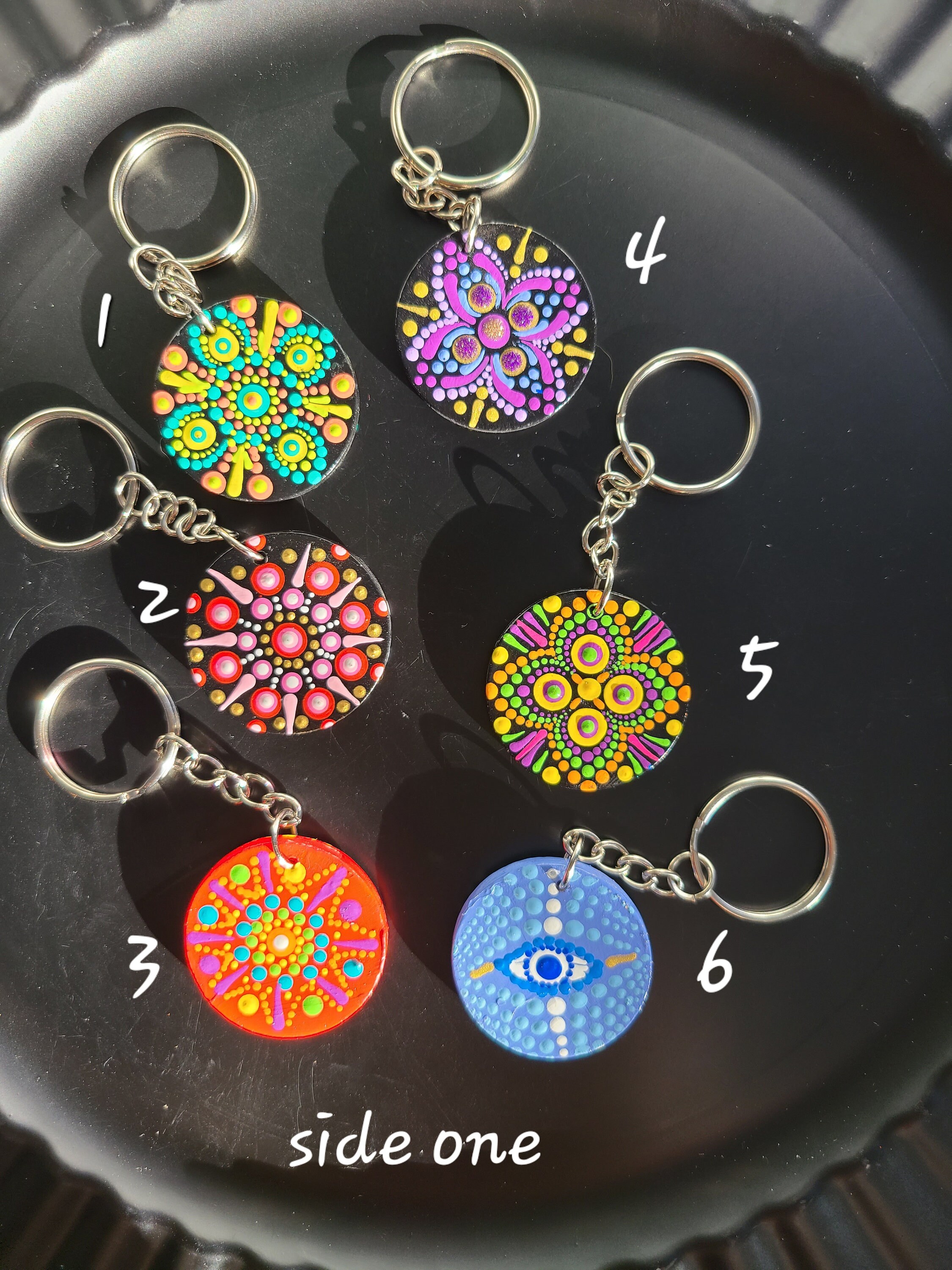Keychain, Wooden, Hand-painted With Dot Mandala Design, Bohemian ...