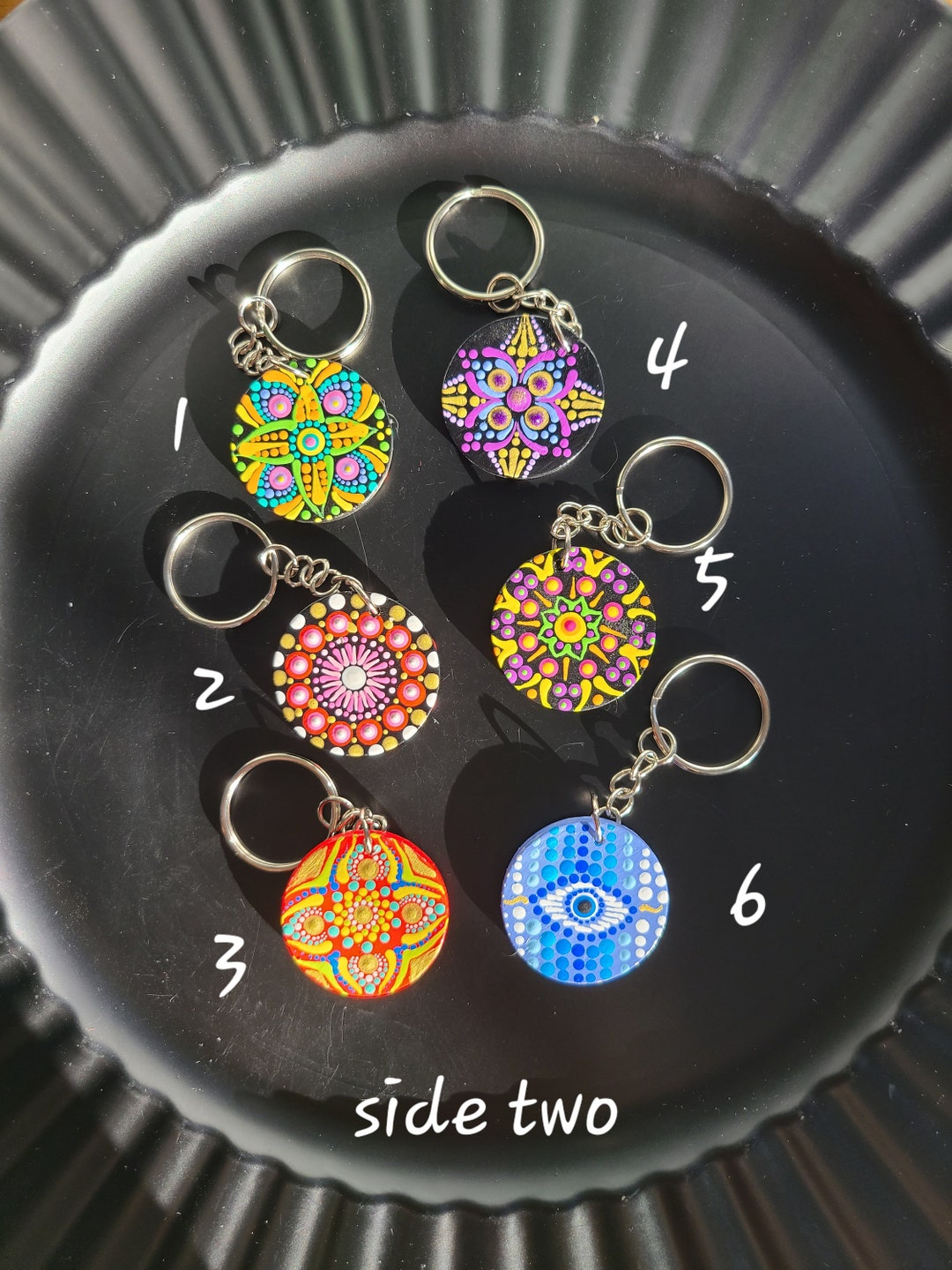 Keychain, Wooden, Hand-painted With Dot Mandala Design, Bohemian ...