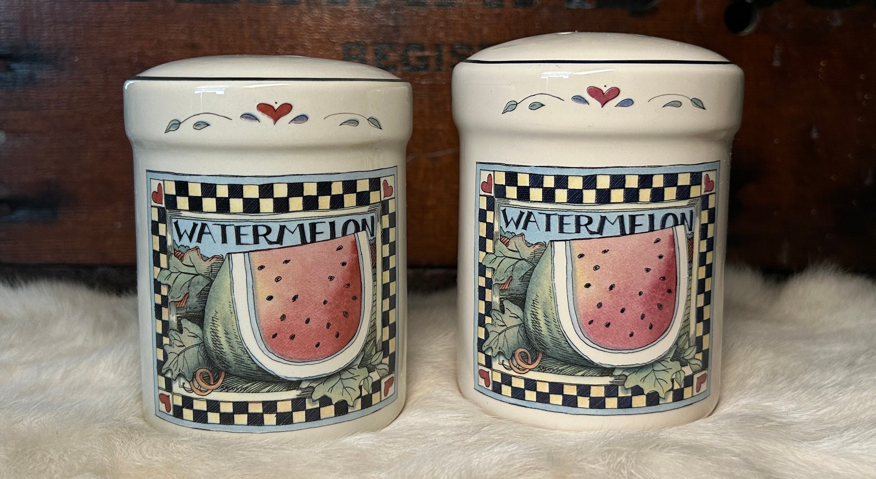 Salt and Pepper Shaker Set Watermelon Checkers Hearts Susan Winget 1990 ...