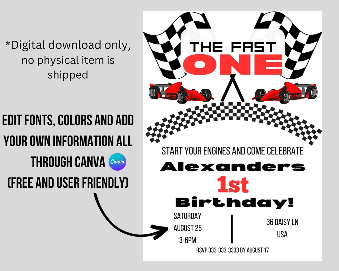 The Fast ONE, First Birthday Invitation, Instant Fownload, Editable ...