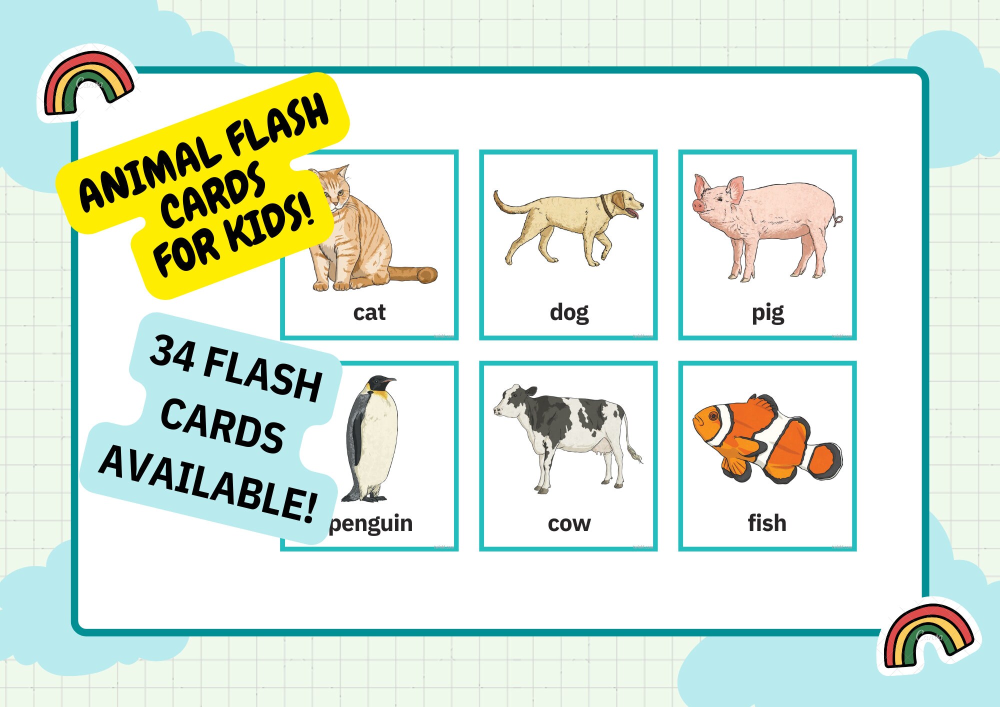 Kids Animal Flash Cards - Print & Cut (34 Animals) - Etsy