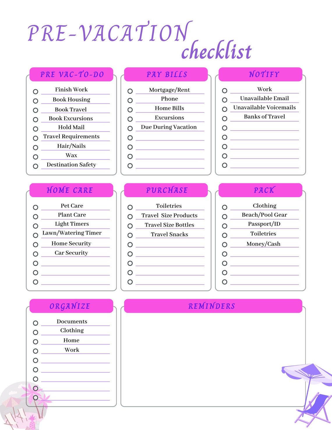 Vacation & Pre-vacation Checklist - Etsy