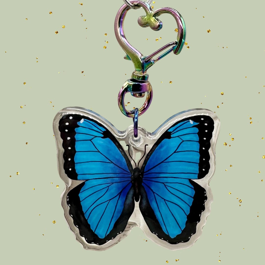 Blue Morpho Butterfly Keychains | Hand Drawn Art Design | Insect Bug ...