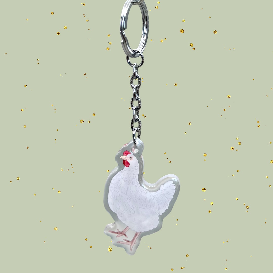 White Chicken Keychains | Acrylic Cute Charm| Original Art Design | Pet ...